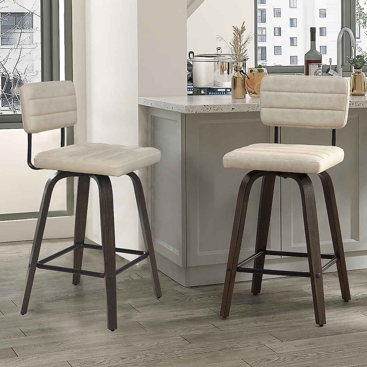 FERFALDER Swivel Bar Stools Set of 2, Counter Height, Wooden Frame, PU Leather Cushions, Beige