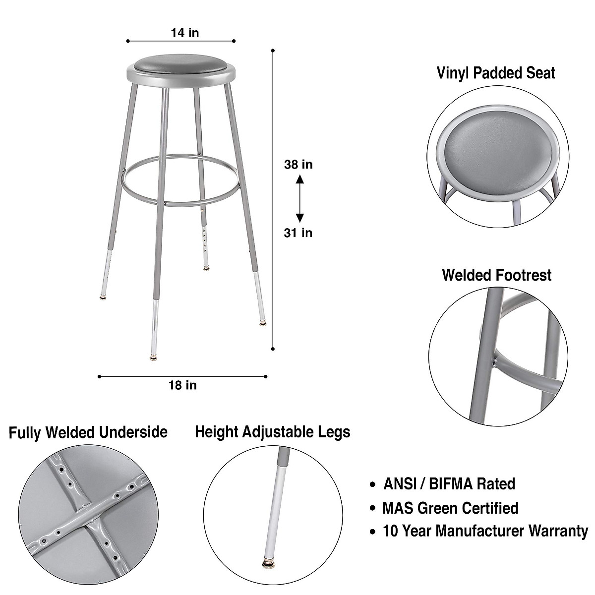 OEF Furnishings (2 Pack) Height Adjustable Grey Vinyl Padded Stool, 31-38" High