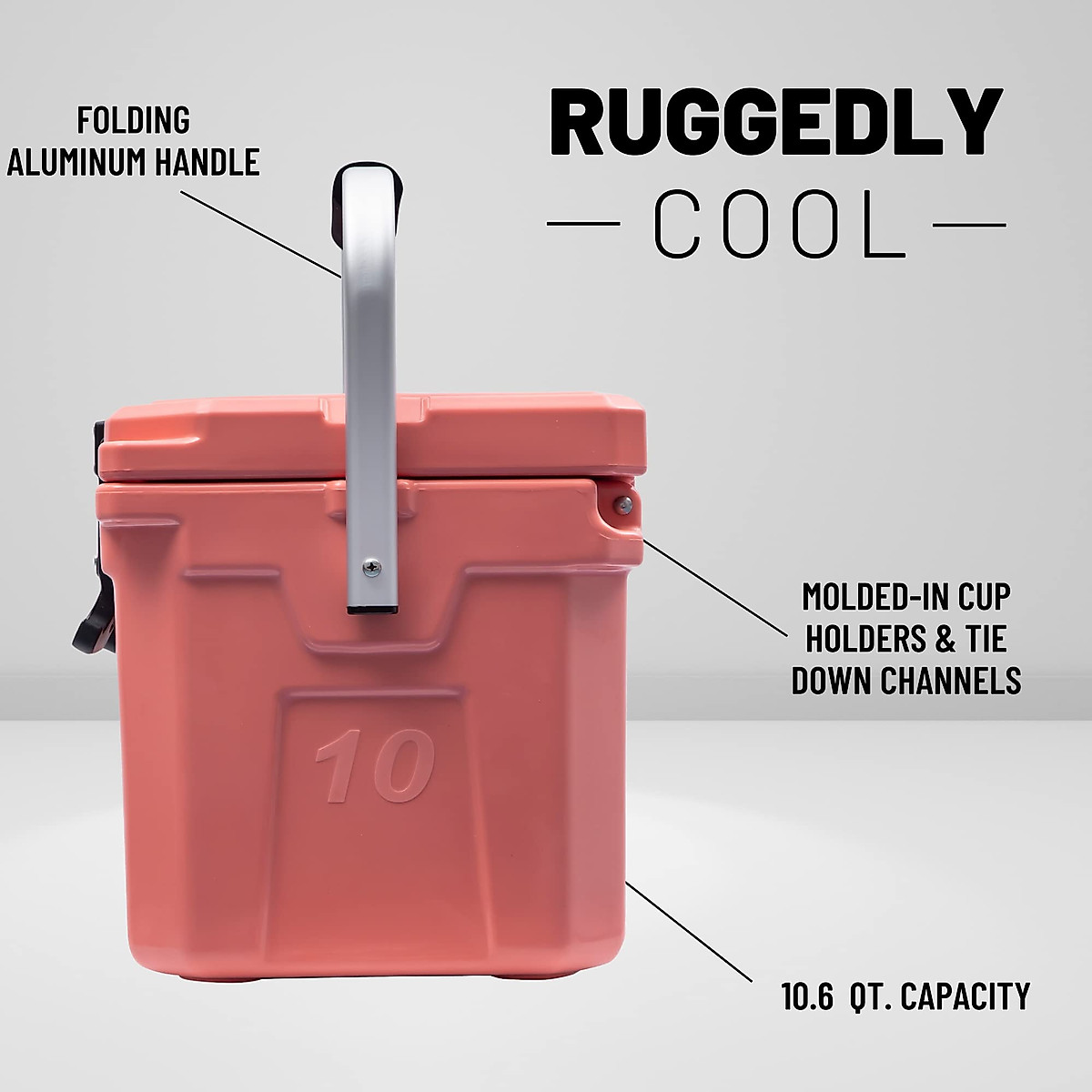 CAMP-ZERO 10L-10.6 Quart Portable Hard Cooler Ice Chest, Perfect for Drinks, Lunch, Beach, Picnics, Boating, Camping and Travel with 2 Molded-in Cup Holders and Folding Aluminum Handle