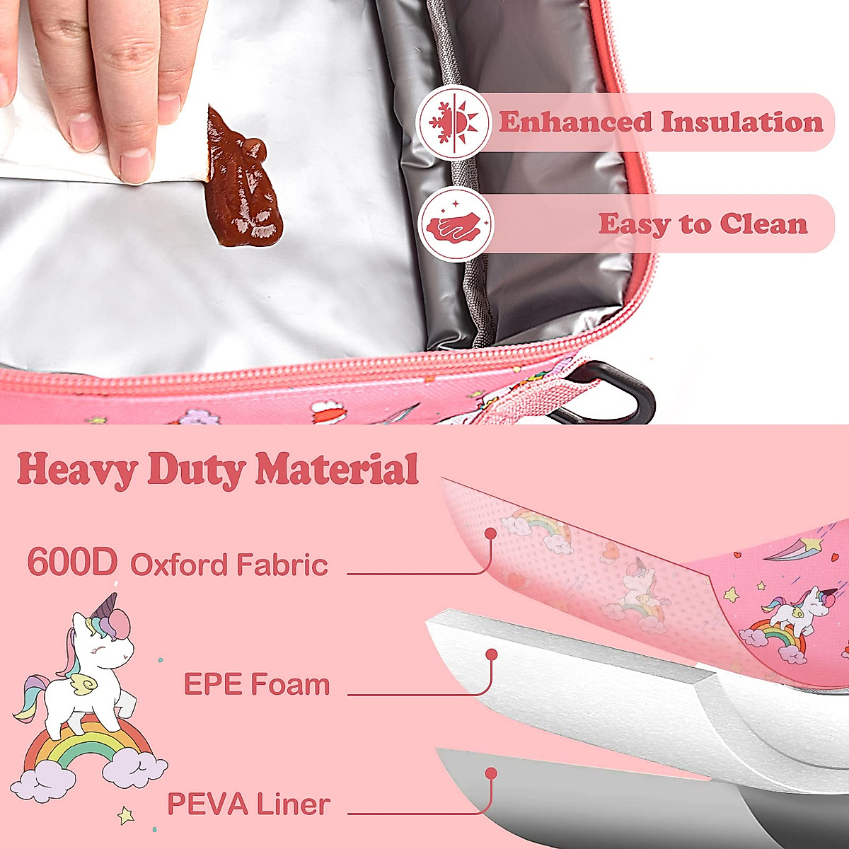 CaCTOUR Insulated Lunch Bag,Expandable Kids Lunch Box,Double Zipper & Lunch Bag Kids with Strap,Lightweight Reusable Lunch Tote Bag for Boys Girls,Meal Containers for School/Picnic (Unicorn)