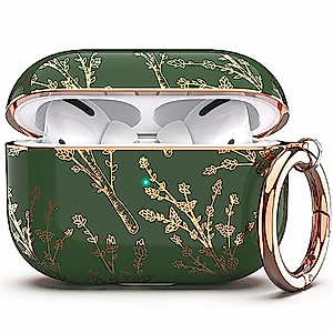 TATOFY Case Cover for AirPods Pro 2019,Stylish AirPods Pro Case for Women Girls, Flower Patterns Protective Hard Case with Clip （Golden Green）