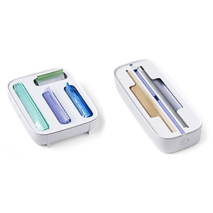 YouCopia StoraBag Plastic Sandwich Bag Organizer for Kitchen Storage, 4-Slot, White & StoraRoll Drawer Food Wrap Dispenser, Foil, Plastic and Wax Paper Organizer with Cutter and Labels