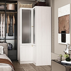 MOUMON Corner Wardrobe Closet with 2 Glass Doors, Armoire Wardrobe Closet with Hanging Rod, for Bedroom Wood Grain (16.3+19.1”W x 19.1+16.3”D x 70.9”H)