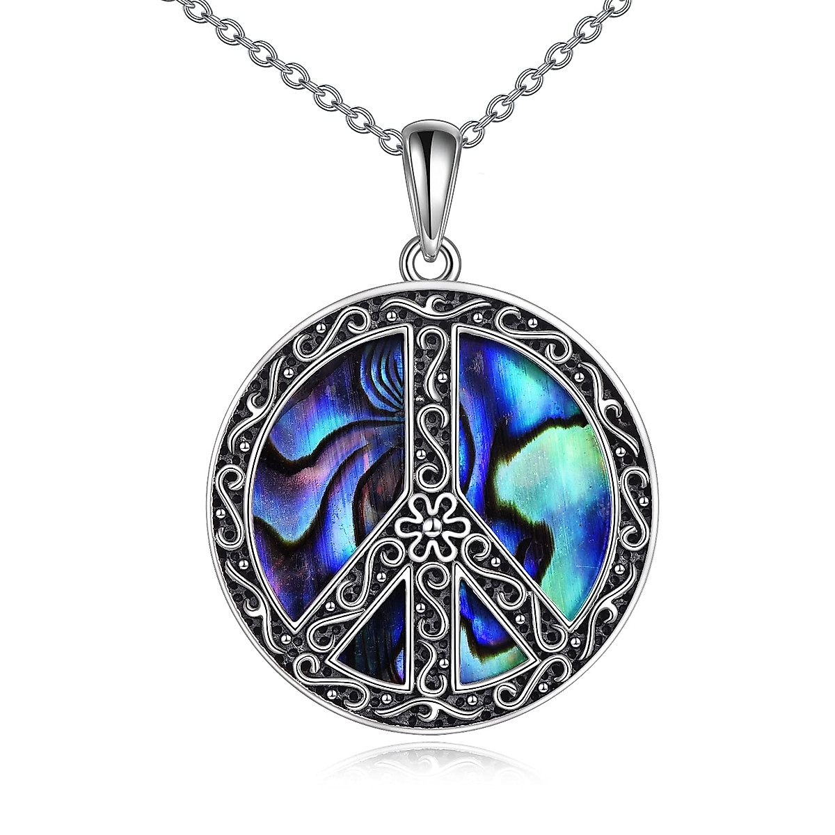 POPLYKE Peace Sign Hippie Pendant Necklace Sterling Silver Abalone Filigree Flower Jewelry For Women