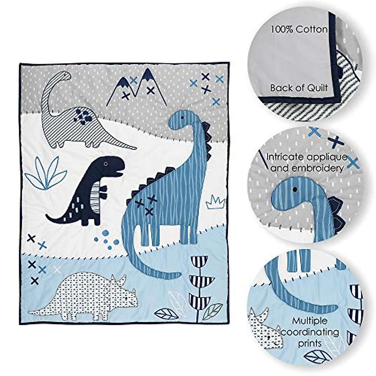 Lambs & Ivy Baby Dino Blue/White Dinosaur Nursery 6-Piece Crib Bedding Set