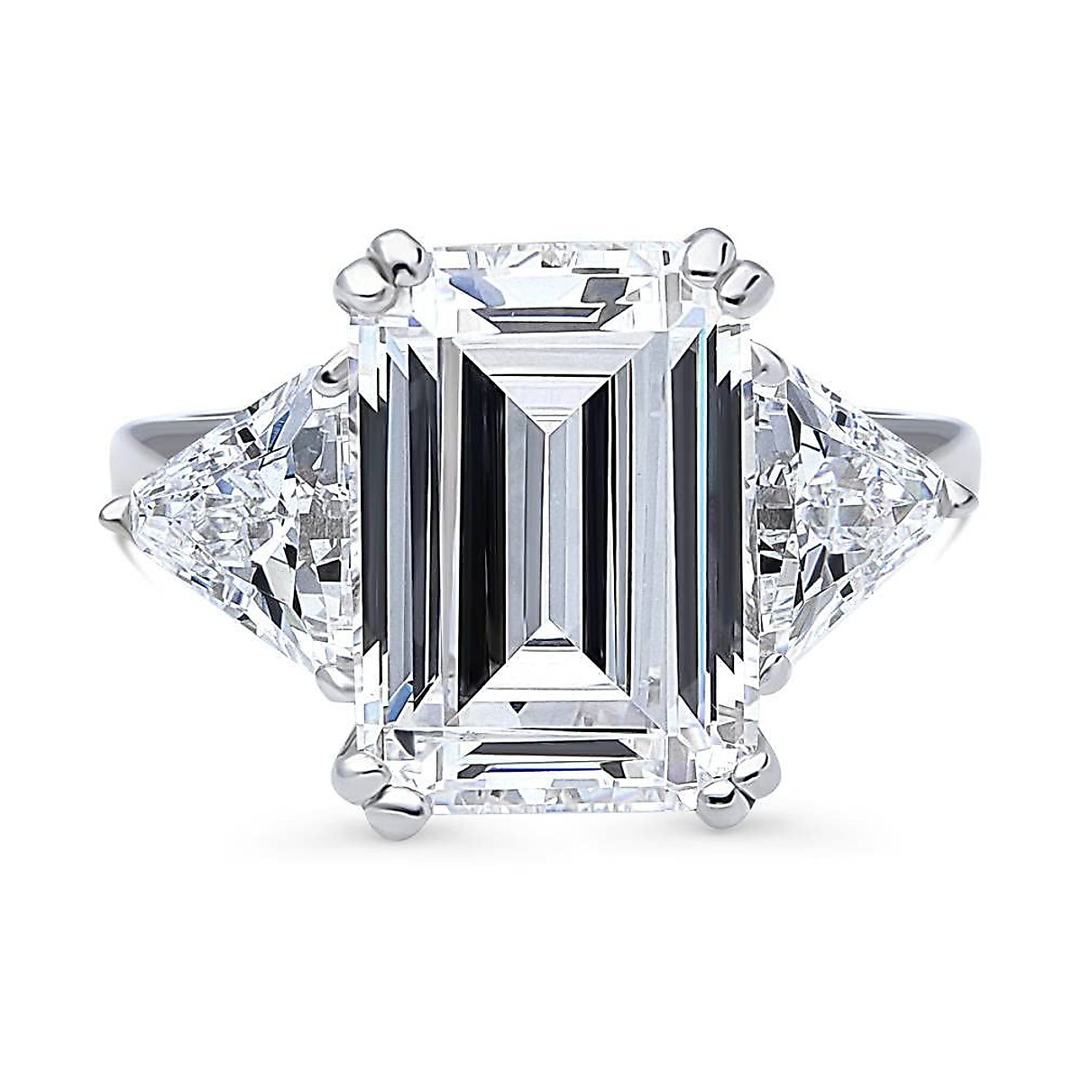 BERRICLE Sterling Silver 3-Stone Wedding Engagement Rings Emerald Cut Cubic Zirconia CZ Statement Cocktail Anniversary Ring for Women, Rhodium Plated Size 6