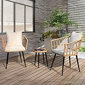 SoarFlash 3 Pieces Outdoor Wicker Bistro Set Rattan Conversation Set with Coffee Table, Patio Chair Set for Lawn, Garden,Backyard, Beige