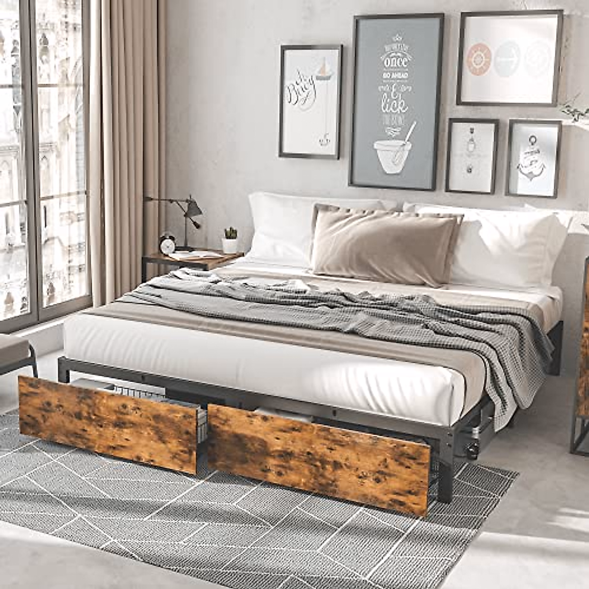IRONCK King Bed Frame with 2 XL Storage Drawer, Platform Bed Frame Strong Steel Double Reinforced Support, No Box Spring Needed, Wooden Board Decor