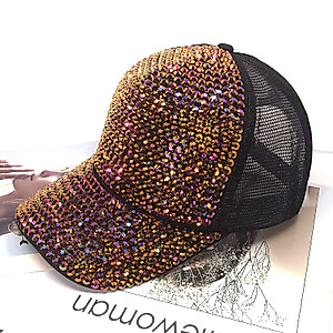 Bling Baseball Cap for Women with Full Diamond Design Adjustable Ladies Baseball Travel Cap (Gold-Pink)