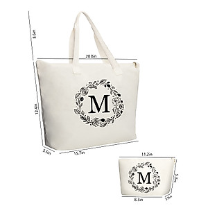 Binggemen Personalized Initial Canvas Tote Bag with Zipper, Present Bag with Inner Pocket & Make Up Bag, Great Gifts for Women, Mom, Teachers, Friends, Bridesmaids