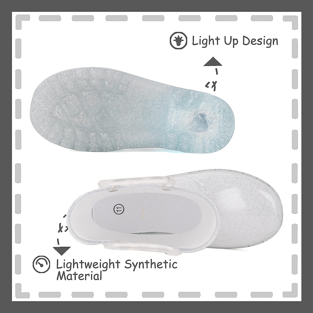 Outee Toddler Girls Rain Boots Kids Baby Light Up Glitter Waterproof Rubber Mud Shoes Lightweight Sparkle Silver Adorable with Easy-On Handles Non Slip (Size 9,Silver)