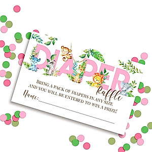Watercolor Jungle Animals Diaper Raffle Tickets for Girl Baby Showers, 20 2" X 3” Double Sided Insert Cards for Games by AmandaCreation, Bring a Pack of Diapers to Win Favors & Prizes!