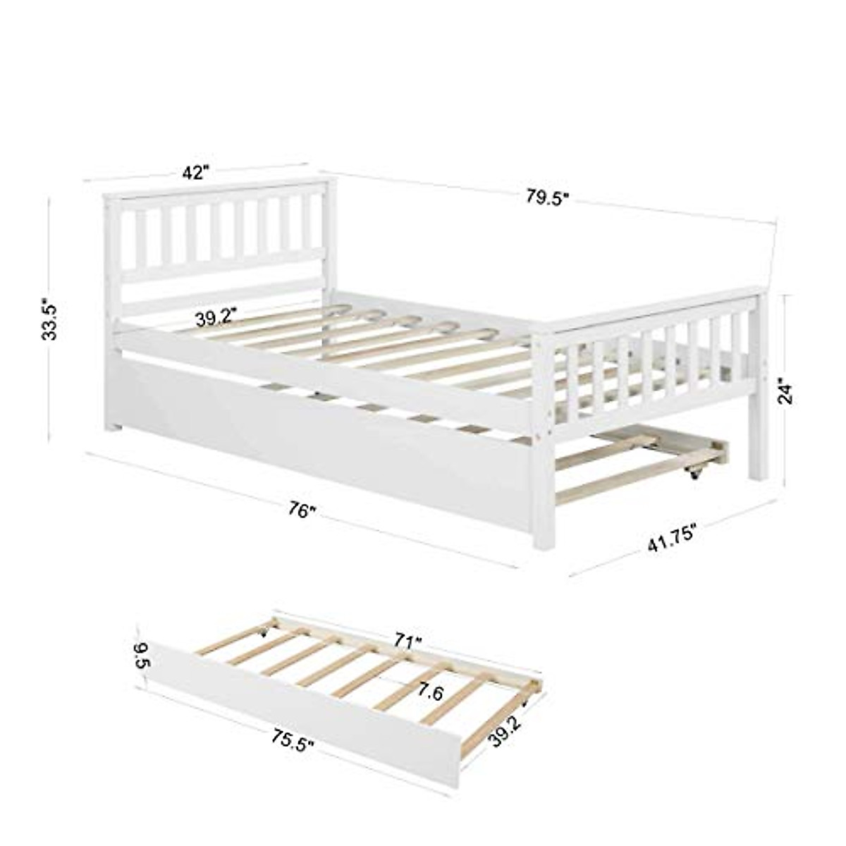 Twin Platform Bed with Trundle, Solid Wood Bed Frame with Headboard, Footboard for Teens Boys Girls,No Box Spring Needed (White)
