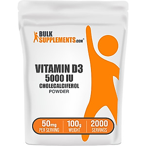 BulkSupplements.com Vitamin D3 Powder - Cholecalciferol, Vitamin D Supplements, Vitamin D3 5000 IU - Gluten Free, 50mg (125mcg of Vitamin D3) per Serving, 100g (3.5 oz) (Pack of 1)