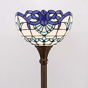 WERFACTORY Tiffany Floor Lamp Navy Blue Baroque Stained Glass Light 12X12X66 Inches Pole Torchiere Standing Corner Torch Uplight Decor Bedroom Living Room Home Office S003B Series