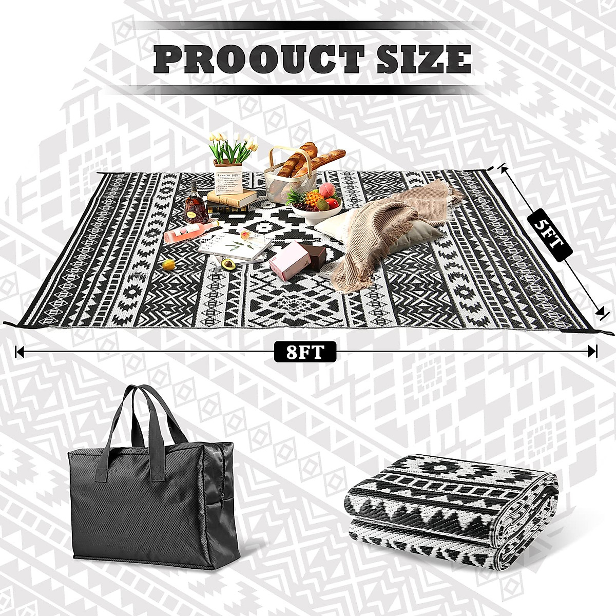 Loninak Outdoor Rug Carpet, Plastic Straw Rug, Waterproof Outdoor Rugs, Patio Rug for RV, Trailer, Beach Camping, Backyard, Deck, 4 Stakes and Carry Bag Included, 5' x 8'