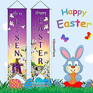 Happy Easter Banner He Is Risen Porch Sign Easter Decoration Hanging Banner Jesus Cross Religious Background Easter Eggs Photo Prop Holiday Door Backdrop for Home Outdoor Indoor Easter Party Supplies