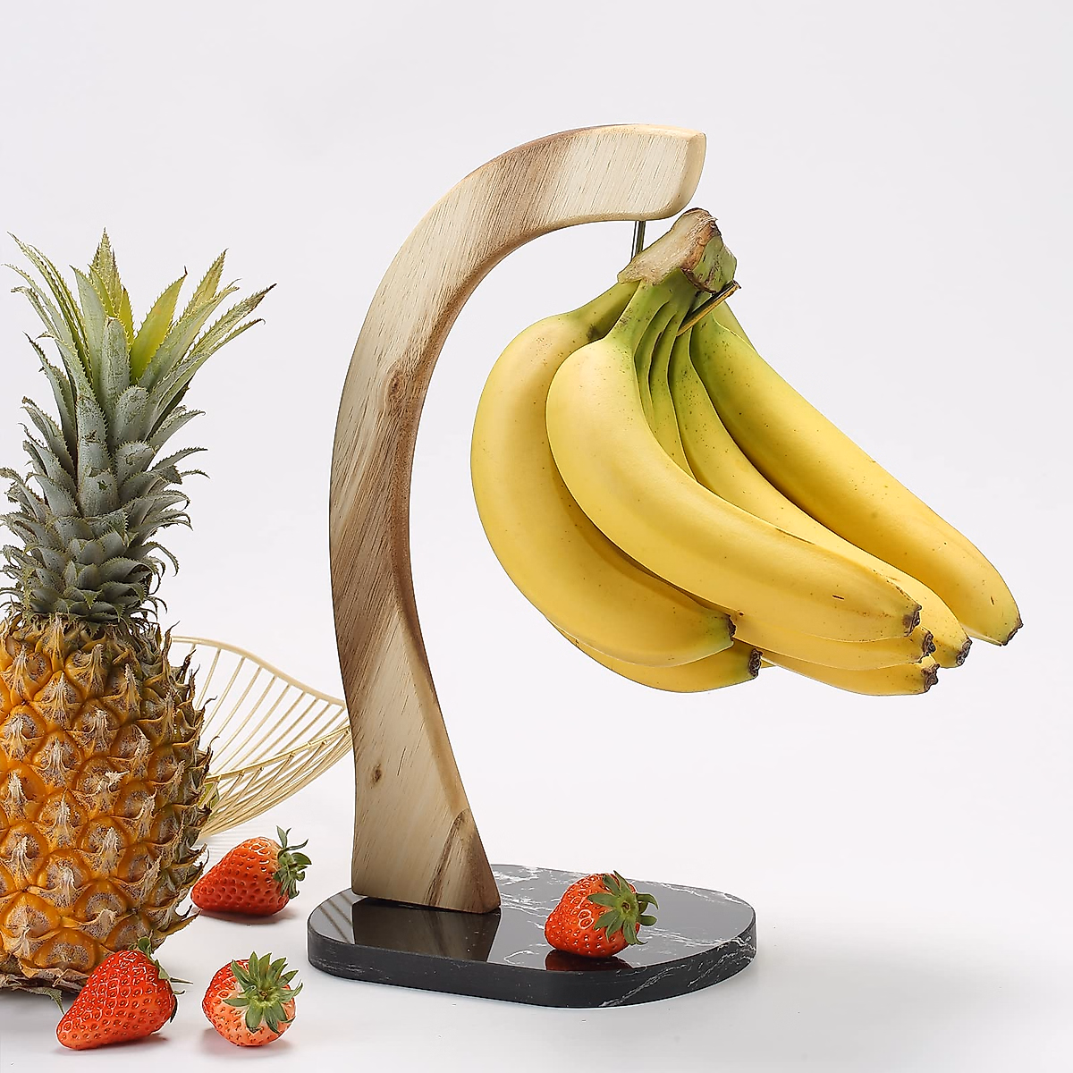 everous Banana Hanger Marble Base,Modern Banana Holder Tree Stand with Hook for Home or Bar (Black)