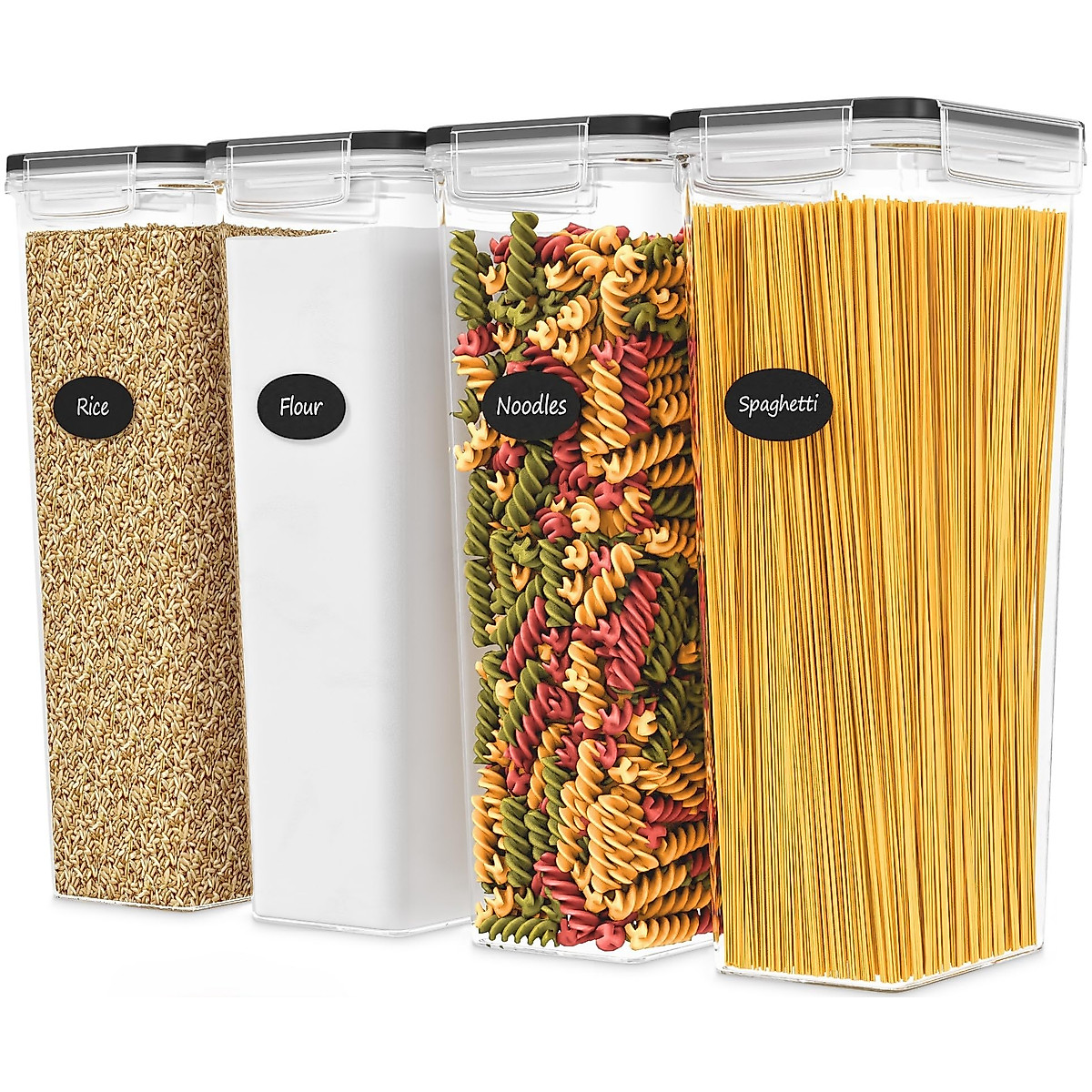 DWËLLZA KITCHEN Pasta Storage Containers for Pantry Airtight - 4 Pc Spaghetti Container Storage - Ideal for Spaghetti & Noodles, Kitchen Pantry Organization and Storage - Keeps Food Fresh & Dry