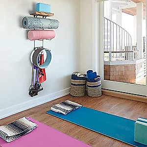 VINAEMO Yoga Mat Holder Accessories Wall Mount Organizer Storage Decor Foam Roller and Towel Storage Rack with 4 Hooks and Wooden Shelves Yoga Mats Rack Block Resistance Bands for Home Gym School