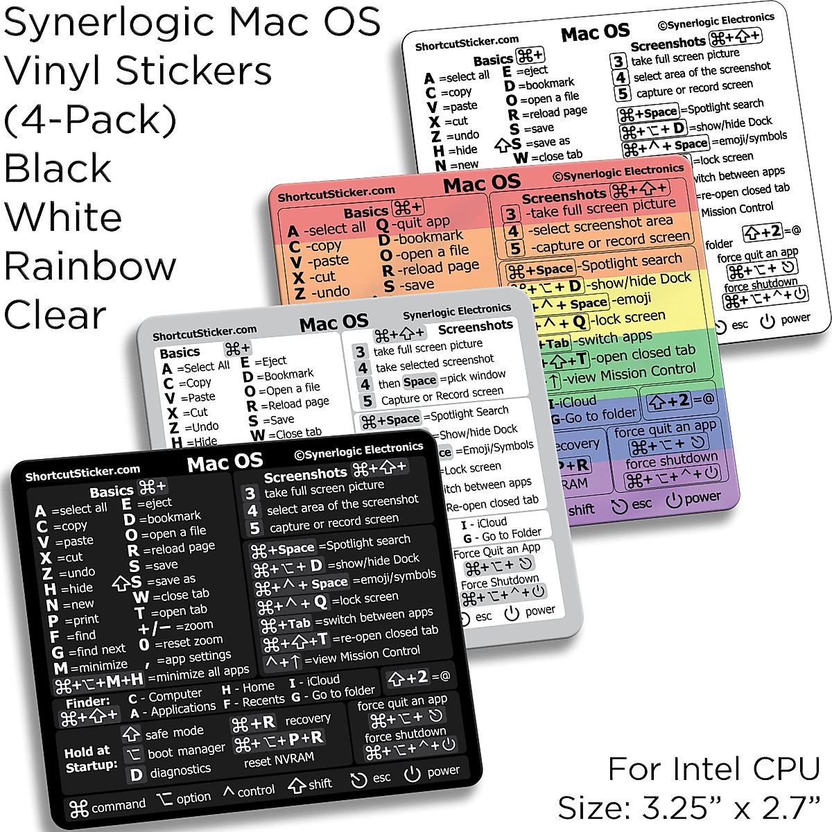 SYNERLOGIC (4-Pack Black/White/Clear/Rainbow) Mac OS Reference Keyboard Shortcut Sticker - Vinyl - Size 3.25"x2.7" for Intel MacBook Pro Air iMac Mini