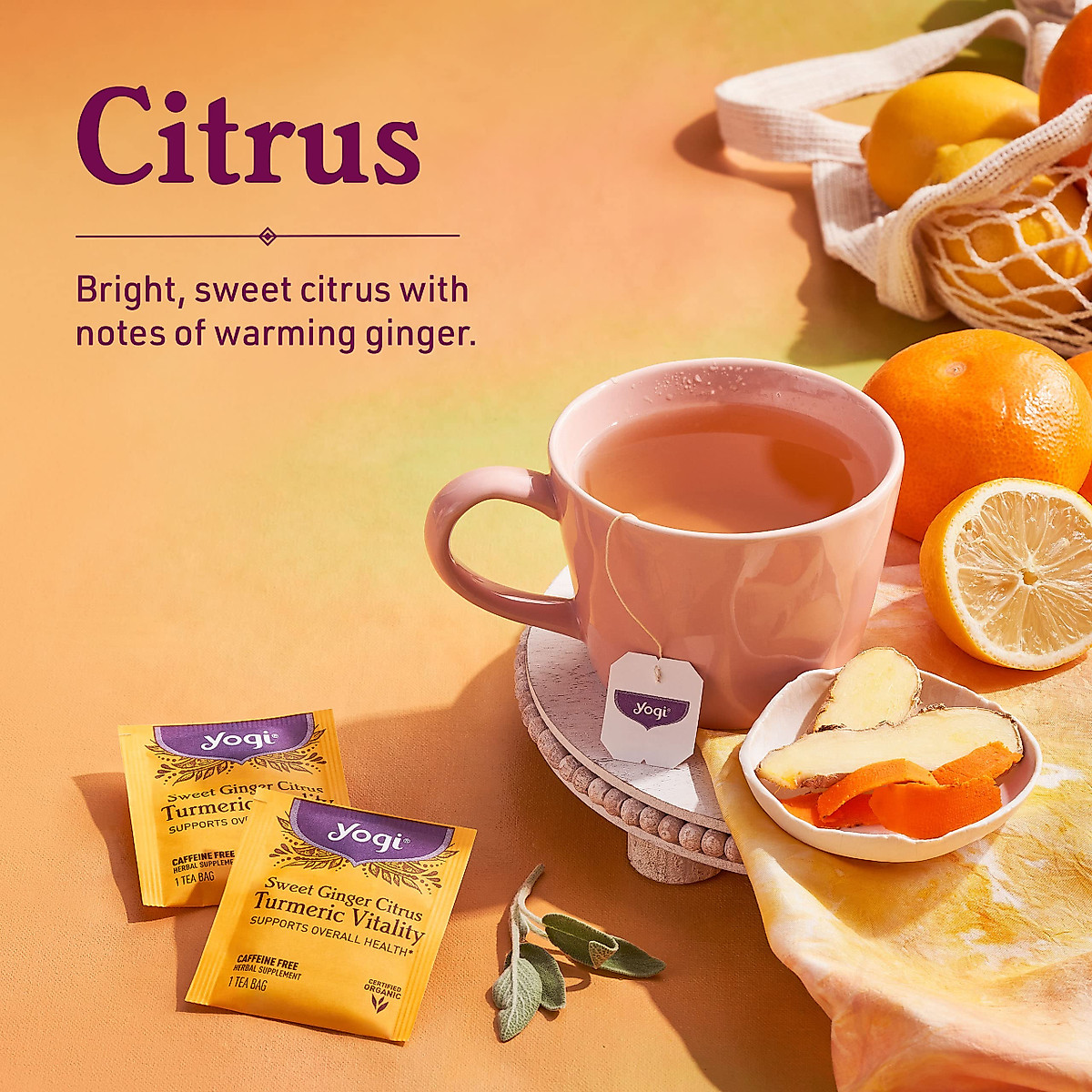 Yogi Tea Sweet Ginger Citrus Turmeric Vitality Tea - 16 Tea Bags per Pack (4 Packs) - Organic Ginger Turmeric Tea - Supports Well-being - Includes Turmeric Root, Ginger Root, Cinnamon Bark & More