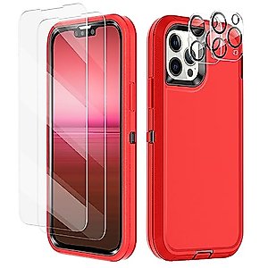 I-HONVA for iPhone 14 Pro Max Case with 2 Pack Screen Protector+2 Pack Camera Lens Protector Heavy Duty Shockproof 3-Layer Full Body Protection Durable Case for iPhone 14 Pro Max 6.7",Red/Black
