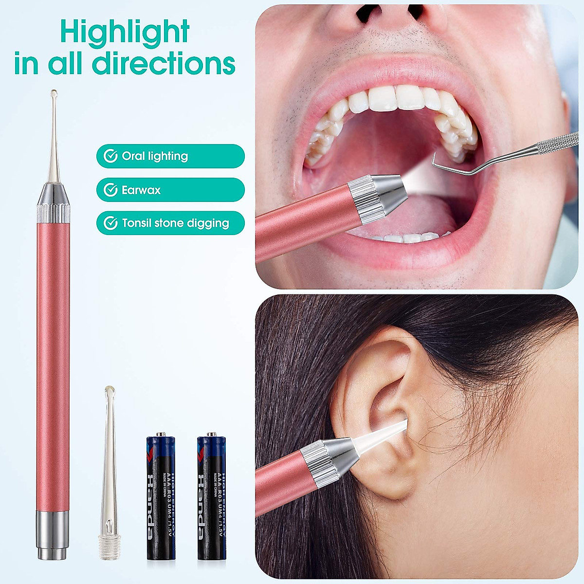 Xuke Tonsil Stone Remover Tool LED Light,Stainless Steel Tonsillolith Pick Oral Care Kit,100 Long Swabs,Stainless Steel Tongue Cleaner Scraper (medium size)