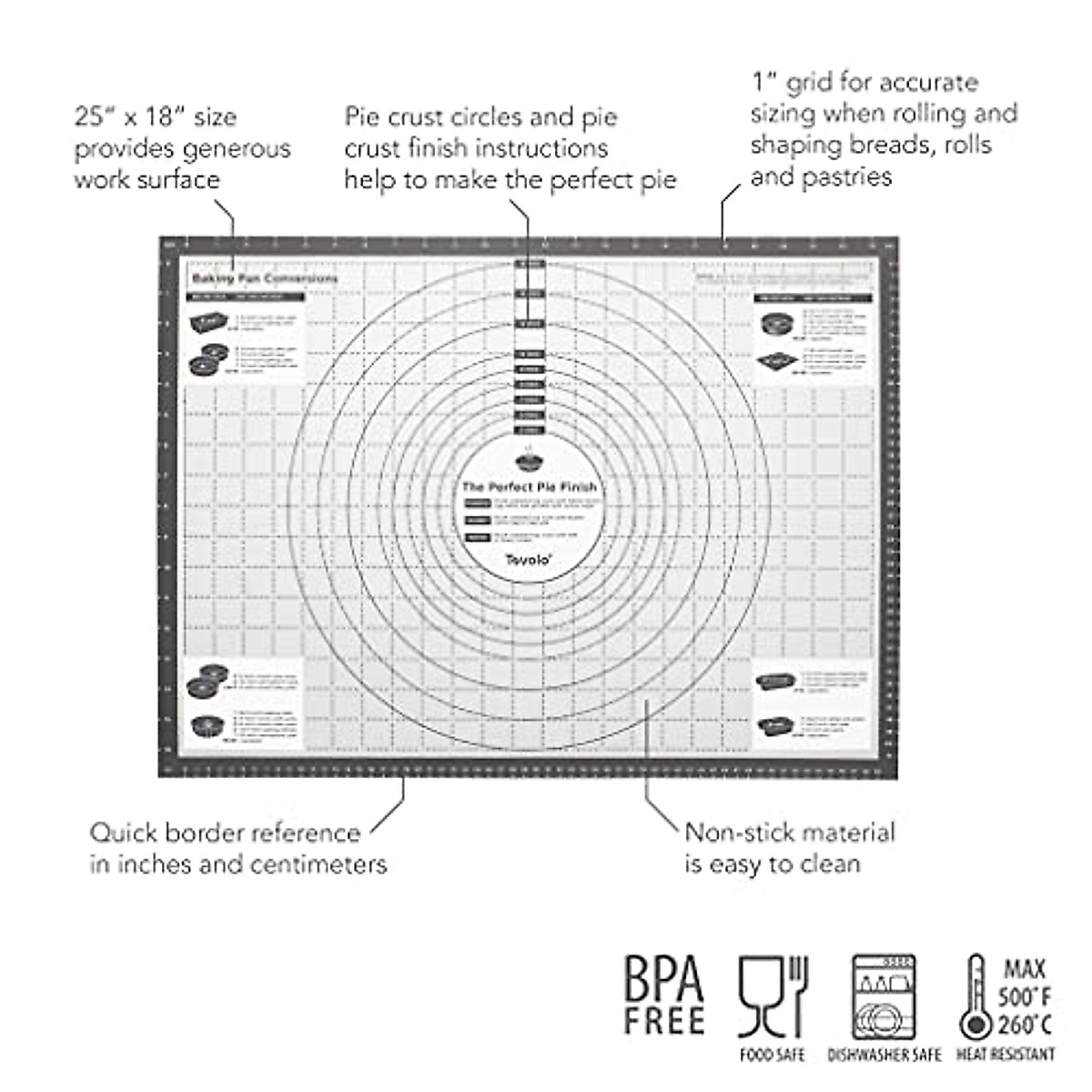 Tovolo Pro-Grade Sil Pastry Mat w/Reference Marks for Baking, Food and Meal Prep, Cooking and More 25" x 18"