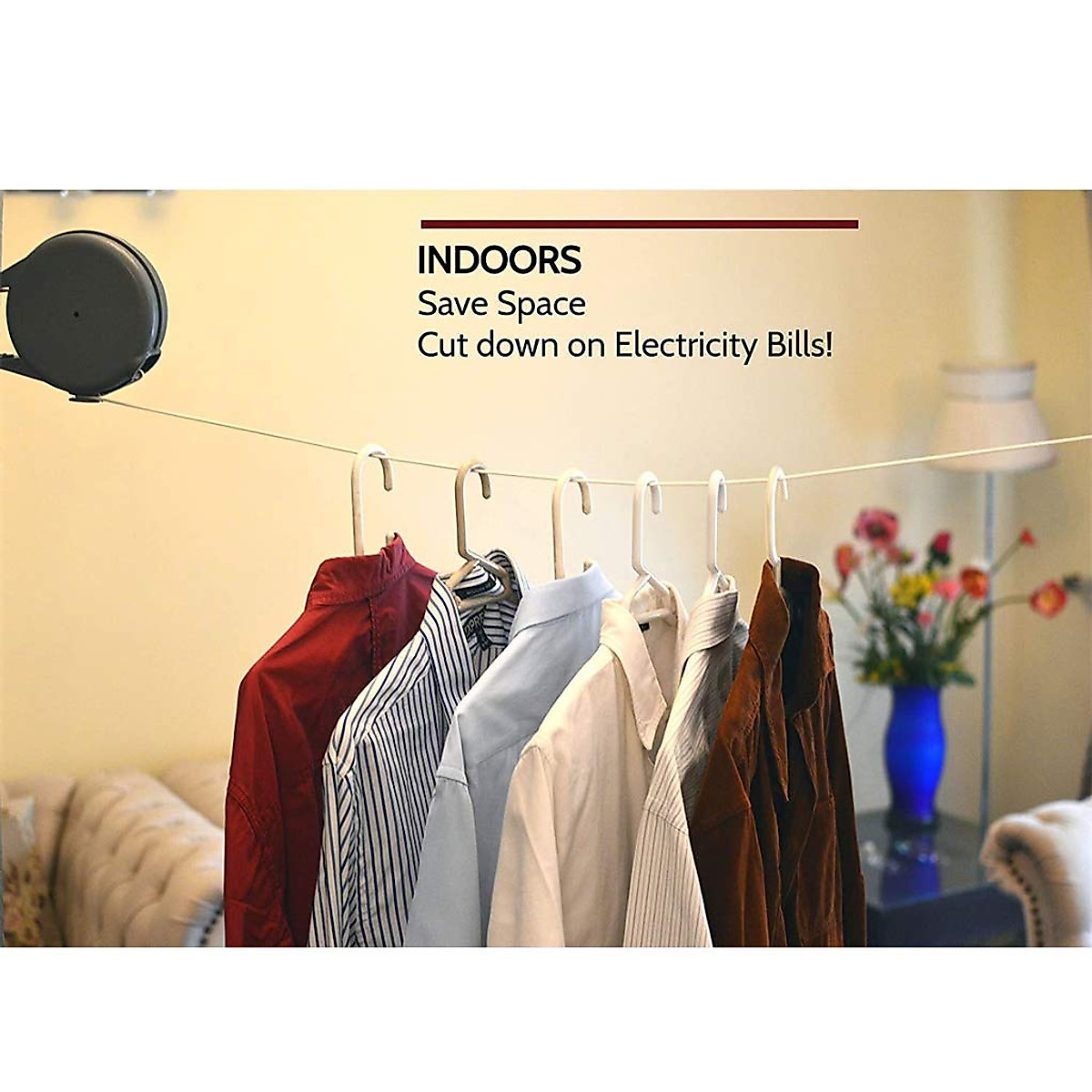 Retractable Clothesline - Portable Heavy Duty Indoor and Outdoor Single Clothes Drying Rack - 40 Feet PVC Retracting Clothes Line with Wall Mount Hang The Wet Dry Clothing Laundry