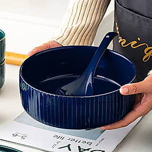 UUEMB Extra Large Salad Bowl, 2800ml Ceramic Fruit Bowl, Stylish Navy Blue Bowl Round Vertical Stripe, Soup Bowl, Serving Bowl for Salad, Fruit, Noodle, Soup(23.5x8.8cm, 95oz)