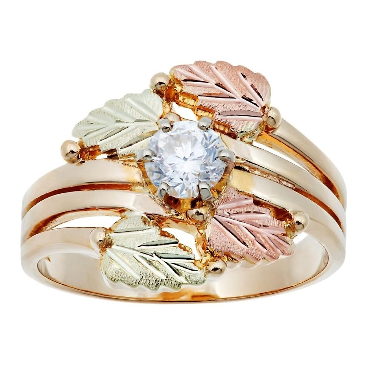 Bypass Leaves Ring with CZ, 10k Yellow Gold, 12k Green and Rose Black Hills Gold Size 7.25
