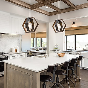 EDISHINE Pendant Lights for Kitchen Island, Farmhouse Hanging Light Fixture with Wood Grain and Black Finish, Adjustable Height Pendant Light for Kitchen Table, Hallway, Entry, cULus Listed