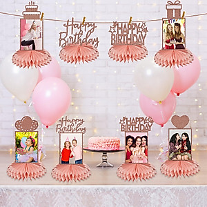 Bumqviy 8Pcs Rose Gold Birthday Decorations Honeycomb Centerpieces for Women Girl, Pink Rose Gold Glitter Birthday Photo Table Centerpiece Party Supplies, 16th 30th 40th 50th 60th Bday Table Topper