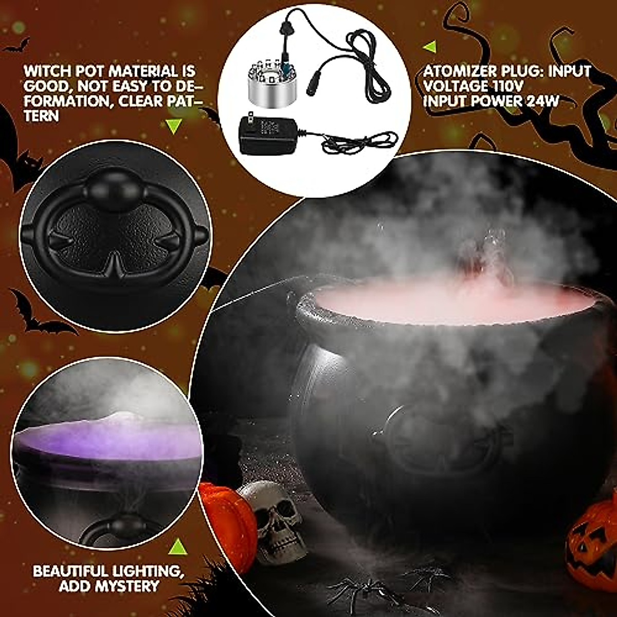 Wettarn Halloween Mist Maker Fogger 8" Witch Cauldron Kettle with Handle 12 LED Lights Fog Machine Atomizer Mini Mister Punch Bowl Plastic Cauldron Pot for Holidays Outdoor Parties Decorations