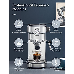 FOHERE Espresso Machine, 15 Bar Espresso and Cappuccino Maker with Milk Frother Steam Wand, Professional Espresso Coffee Machine for Espresso, Cappuccino, Latte and Mocha, Brushed Stainless Steel