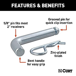 CURT 21504 Trailer Hitch Pin & Clip with Grooved Head, 5/8-Inch Diameter, Fits 2-Inch Receiver