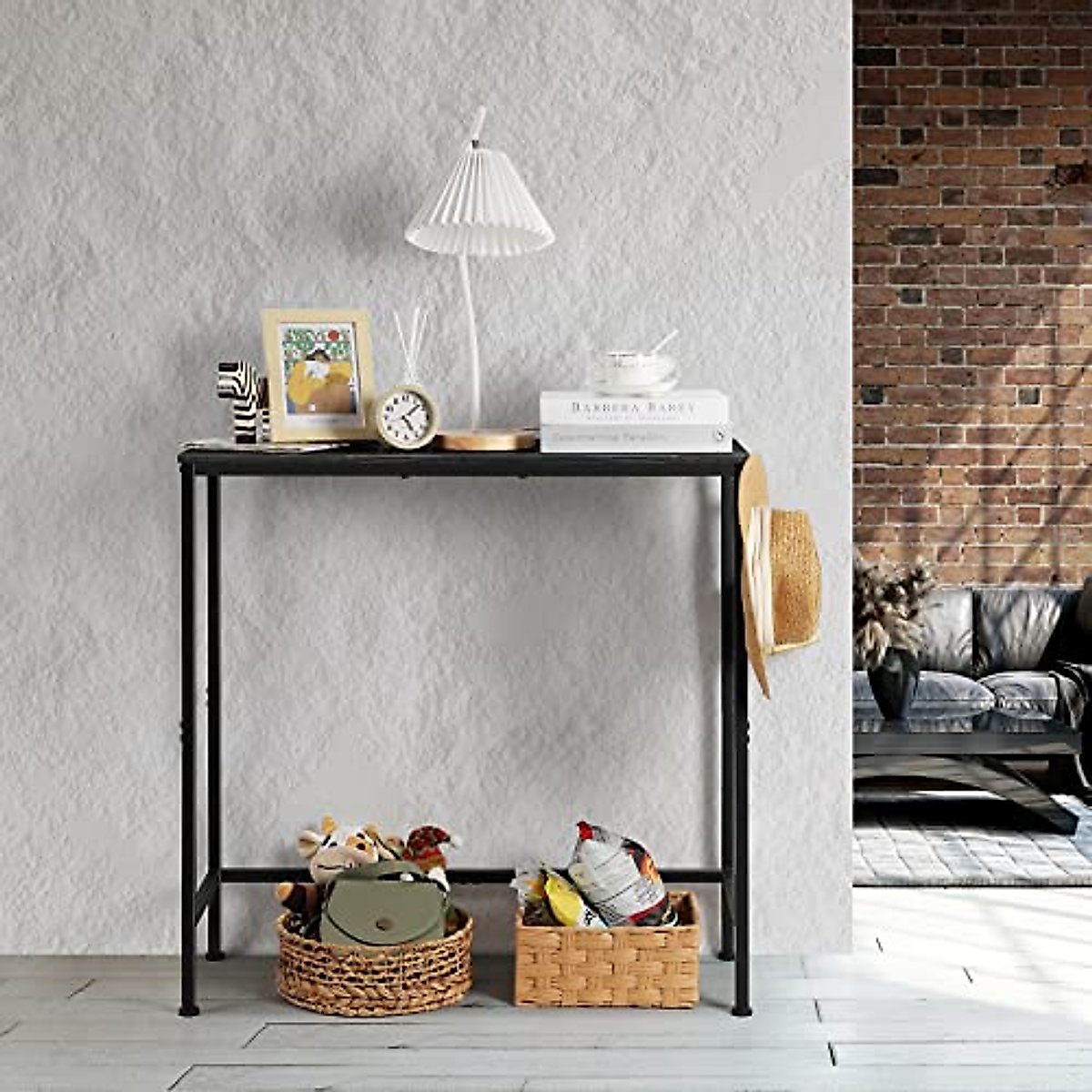 Small Console Table Black Entryway Table Modern Narrow Long Sofa Table Skinny Hallway Table Thin Behind Sofa Table Console Tables for Entryway 31.5 Inch with 2 Hooks, Sofa Side Display for Hallway