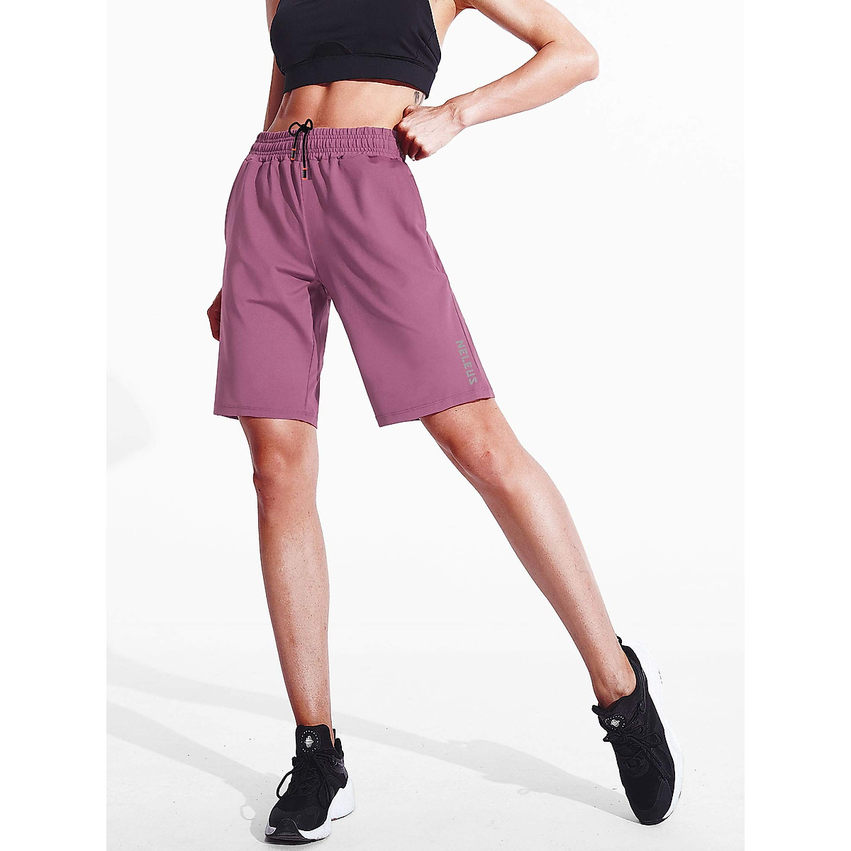 NELEUS Women's 10 inch Running Shorts Workout Athletic Short for Yoga with Pocket,Pink/Blackish Green,2 Pack,US 2XL,EU 3XL