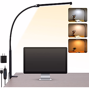 Voncerus LED Desk lamp with Clamp, Eye-Caring Clip on Lights for Home Office, 3 Modes 10 Brightness, Long Flexible Gooseneck,Metal, Swing Arm Architect Task Table Lamps with USB Adapter, Black