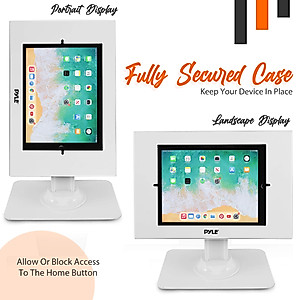 Pyle Anti Theft Tablet Security Stand - Table Mount Desktop Ipad Kiosk Stand w/Lock and Key Mechanism, 90° Rotate 75° Tilt - iPad, iPad Air, iPad Pro, Samsung Galaxy Tab A (2023) PSPADLK18, White
