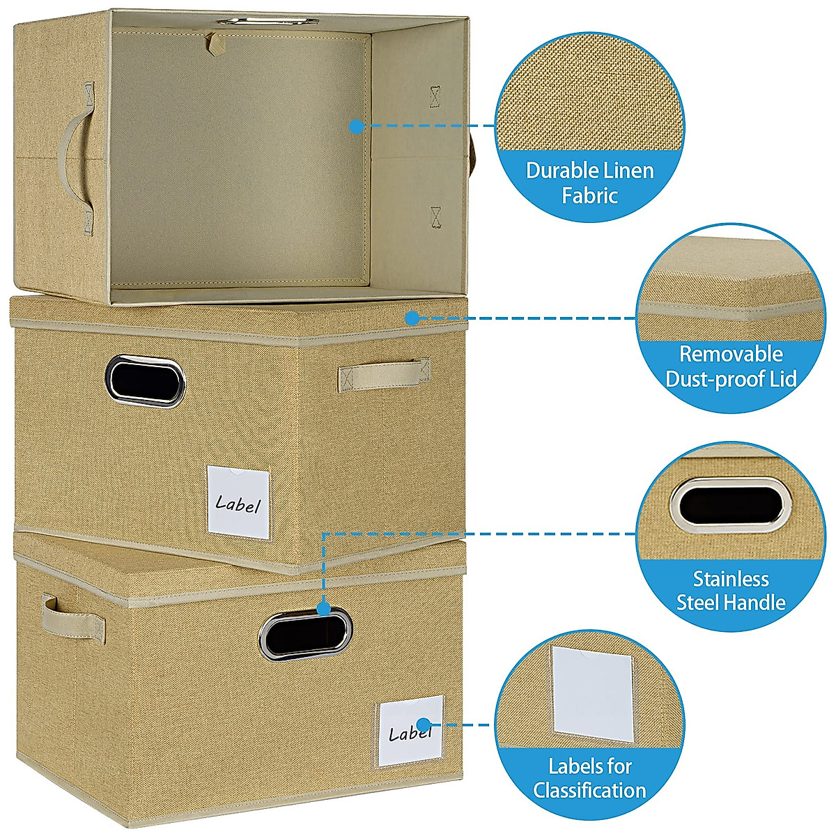 LHZK Large Storage Bins with Lids 6 Pack, Foldable Linen Fabric Storage Boxes with Lids, Sturdy Fabric Storage Bins with Label & 3 Handles for Shelves Bedroom Home Office (Beige, Large)