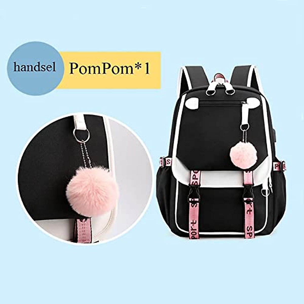 Teen Girls School Backpack with USB Port, Kids Black Backpack Lightweight Waterproof Can Hold 15.6 Laptop, Tablet.cute backpacks for high school Can Be Used As Gifts For Students Or Friends (Black)