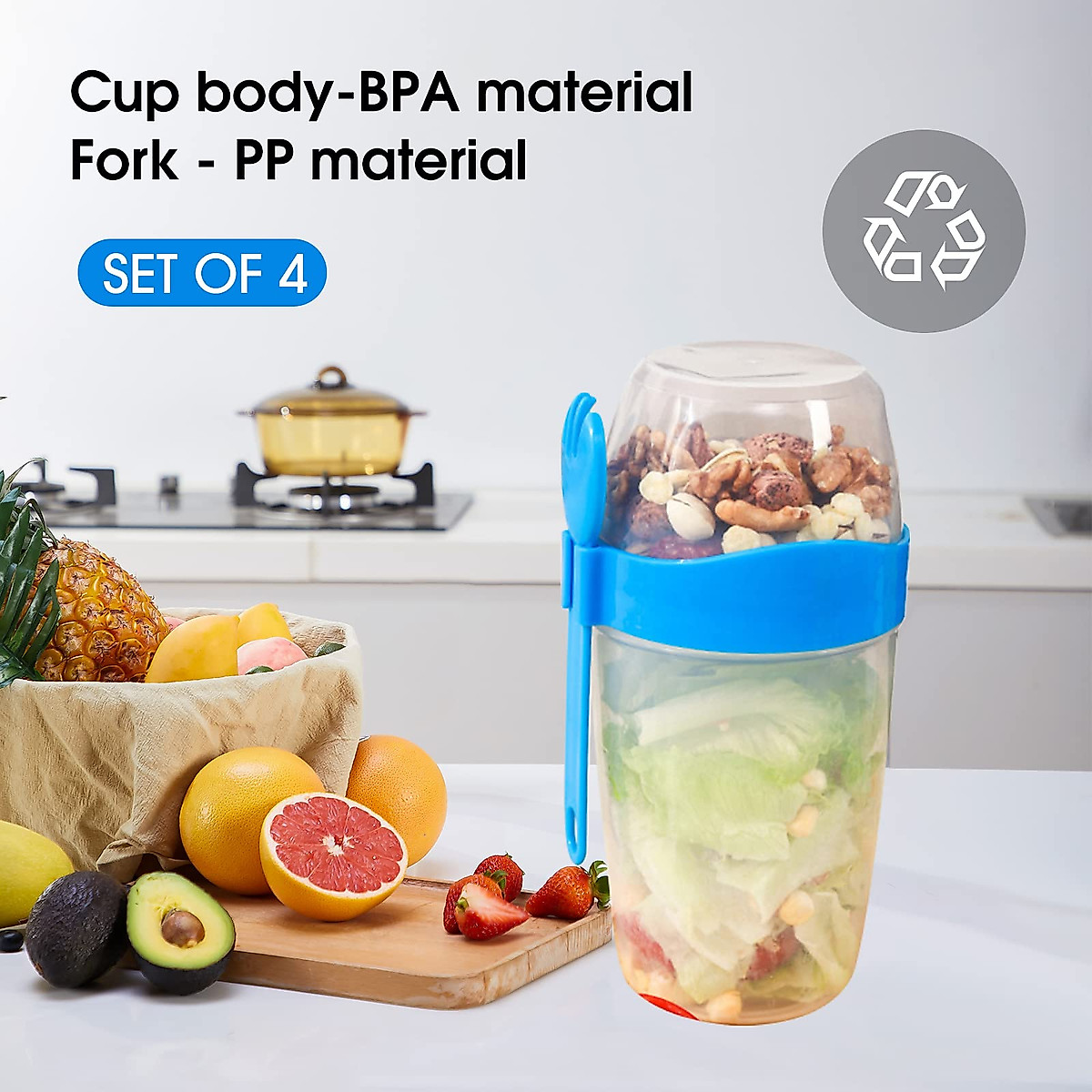 ABEFHELM 4 Pack Breakfast On The Go Cups Cereal Yogurt Cups with Lids and Spoon Reusable Oatmeal Cup for Breakfast, Cereal, Milk, Fruit, Small Snacks