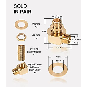 2 PCS B-0230-K Wall Mount Faucet Installation Kit - for T&S B-0230 Style 1/2‘’ NPT Faucets Replacement Include 2 PCS 1/2" NPT Short Elbows, Nipples, Lock Nuts, Washers - Brass