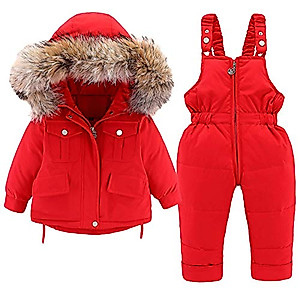 Baby Boys Girls Kids Hooded Artificial Fur Down Jacket Coat and Ski Bib Pants Snowsuit Winter Outfit Sets 1-2 Years Red