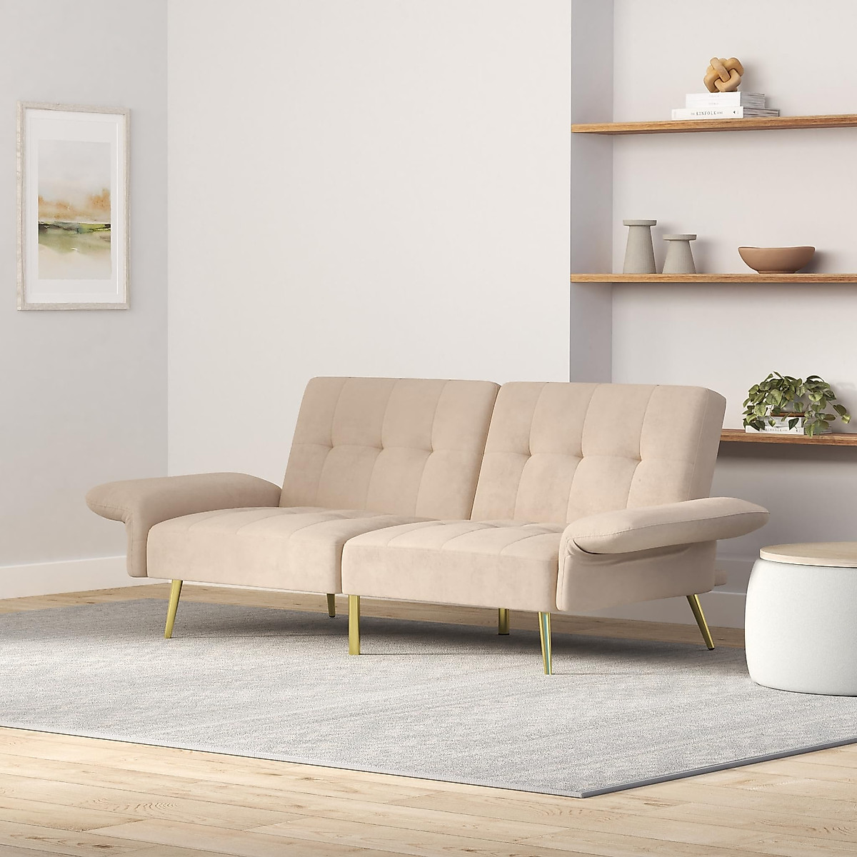 FCNEHLM 77.5” Futon Sofa Bed, Velvet Sofa Bed Futon Convertible Italian Velvet Futon Couch with Foldable Armrests and Adjustable Backrests with Magazine Bags, Sleeper Sofa Bed for Living Room, Beige