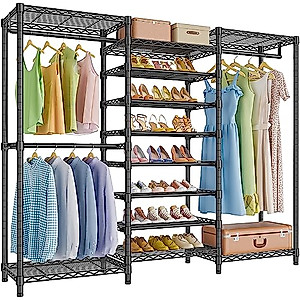 VIPEK S3 Heavy Duty Garment Rack Free Standing Clothes Rack Closet Storage Organizer Large Wardrobe with 6-Tier Shoe Rack, Hanging Rod, Adjustable Shelf, 68.9" L x 15.7" W x 76.4" H, Black