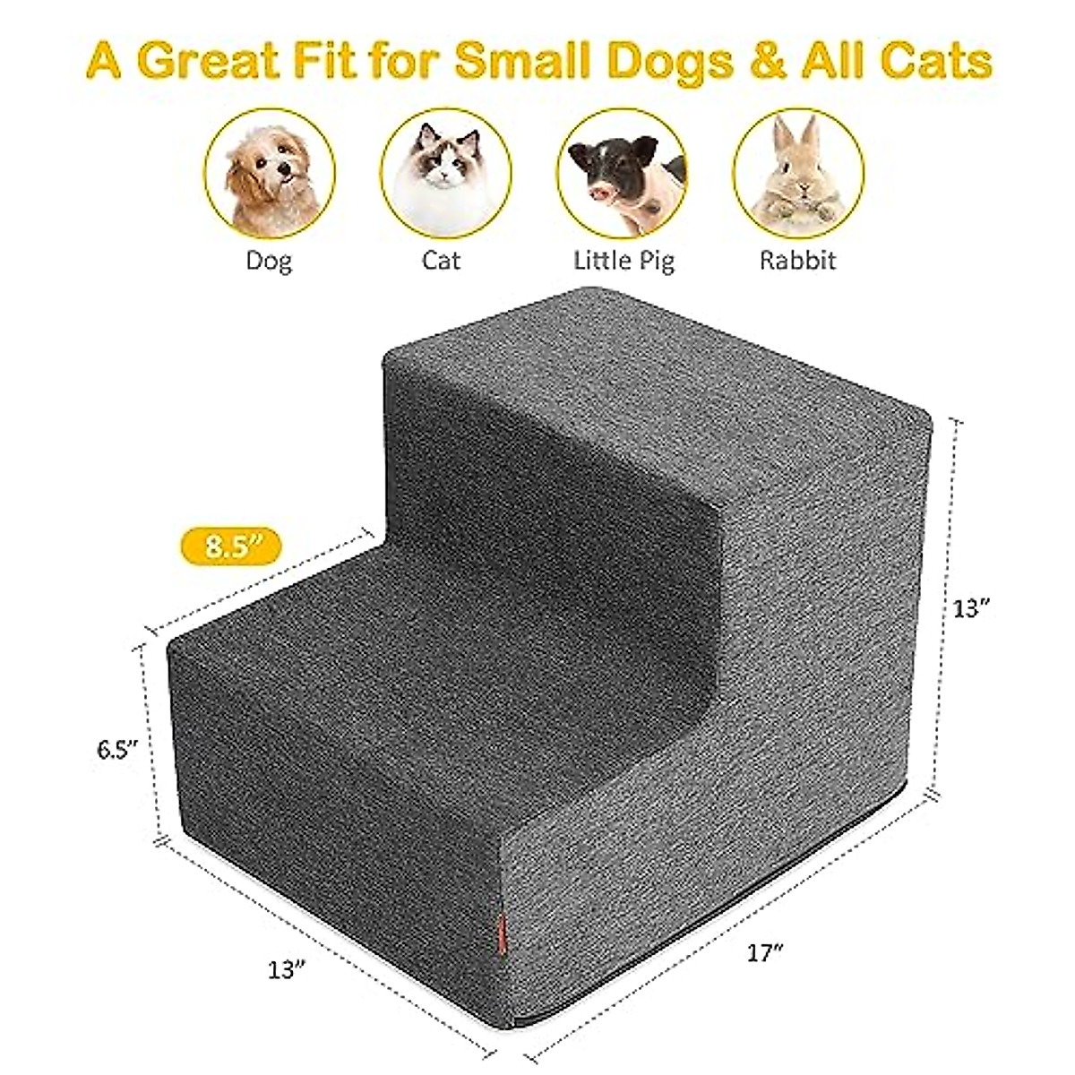 Sted Pet Stairs Dog Stairs 2 Steps, High Density Foam Dog Stairs for Couch, Widen Steps Pet Stairs with Non-Slip Bottom, Removable Washable Cover, Ideal for Older Injured Small Dogs Cats, Grey