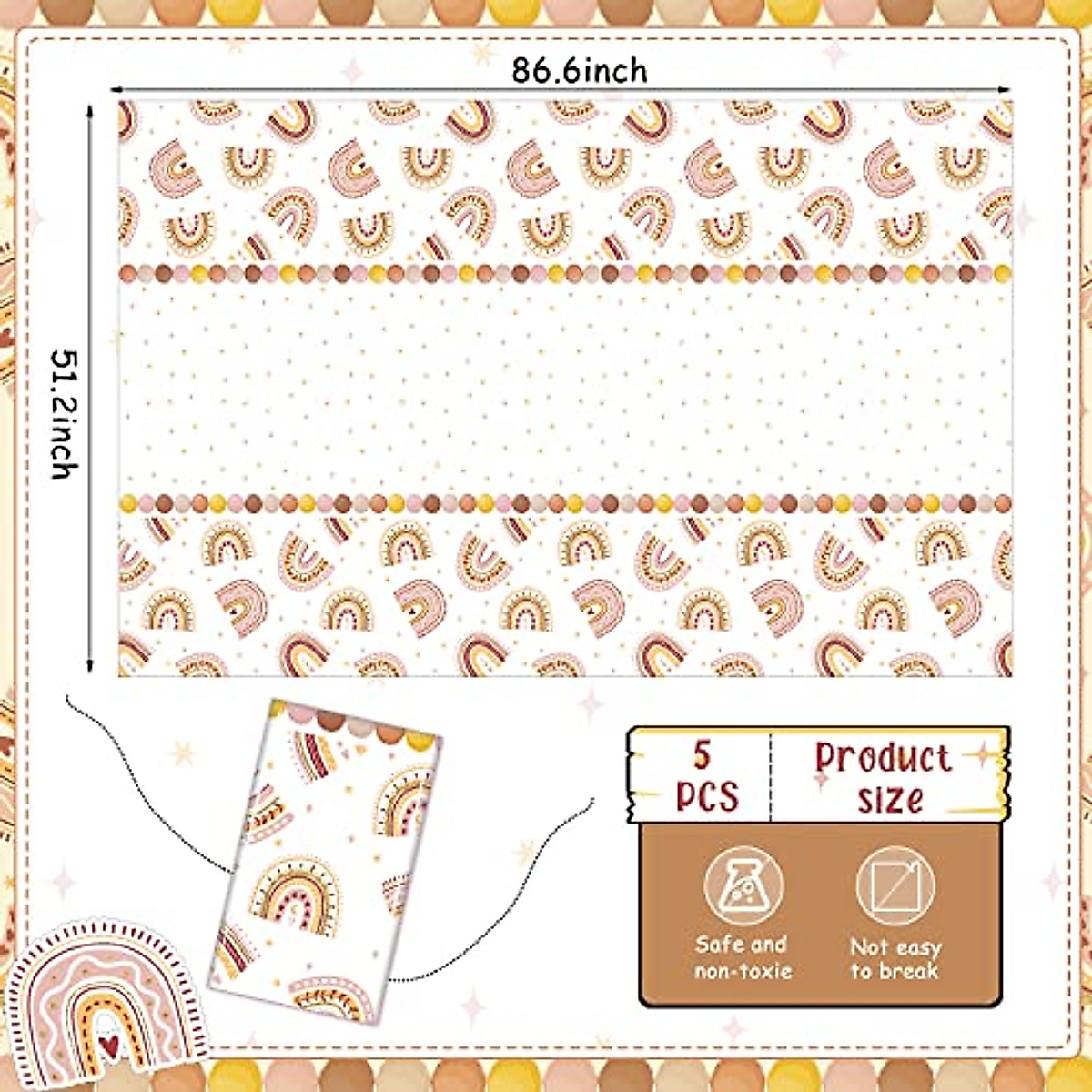 Boho Rainbow Tablecloths Boho Party Table Covers 86.6 x 51.2 Inches Boho Rainbow Party Decorations Bohemian Table Cover Plastic Table Cloth for Boho Birthday Party Baby Shower Decor Supplies (5 Pack)
